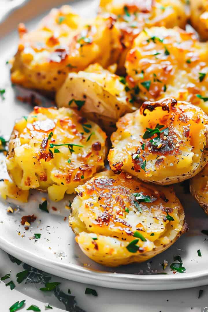 Easy Crispy Crushed Garlic Potatoes - Savvy Bites